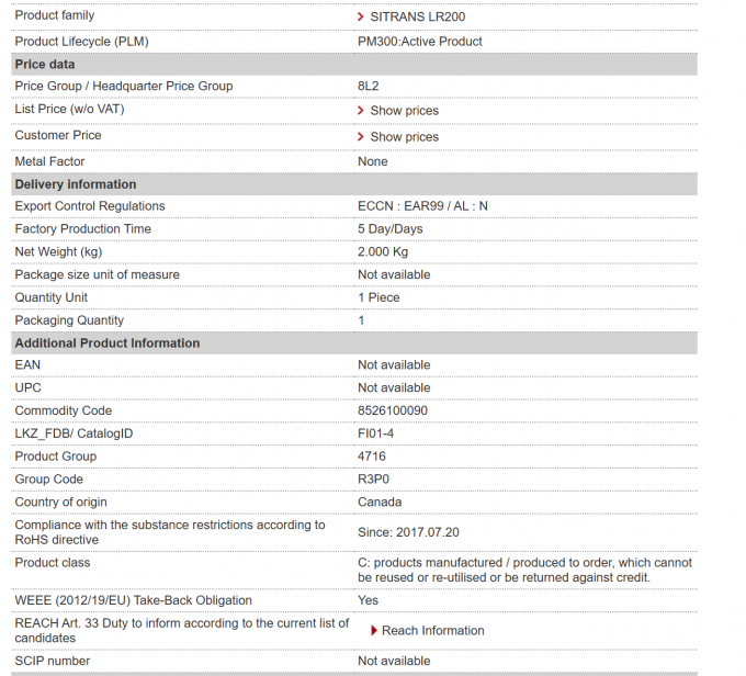 7ML5422-2CH30 Sitrans LR200 SIEMENS Radar Level Transmitter