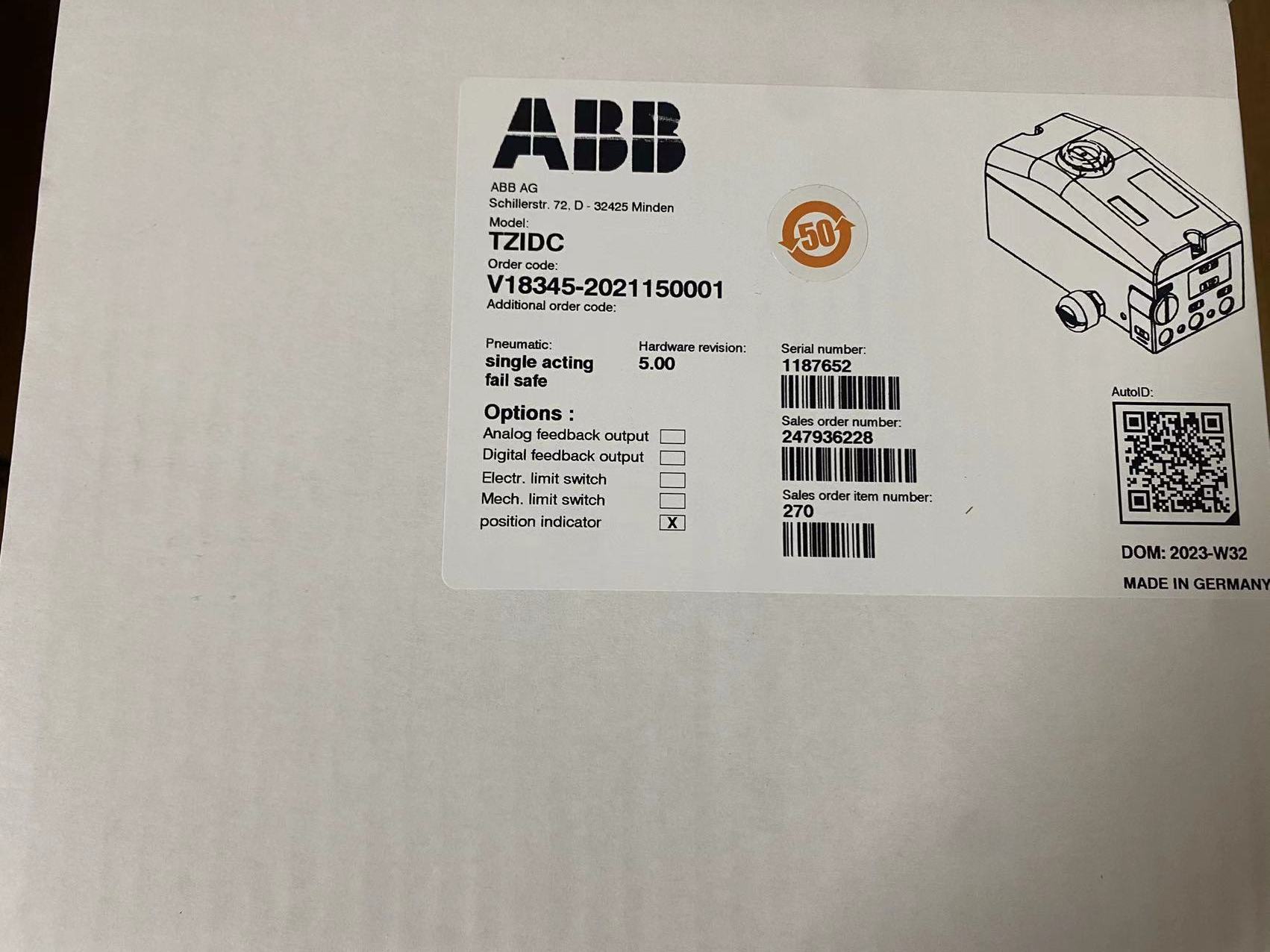 ABB V18345 Valve Positioner with 4-20mA Output IP67 Rated